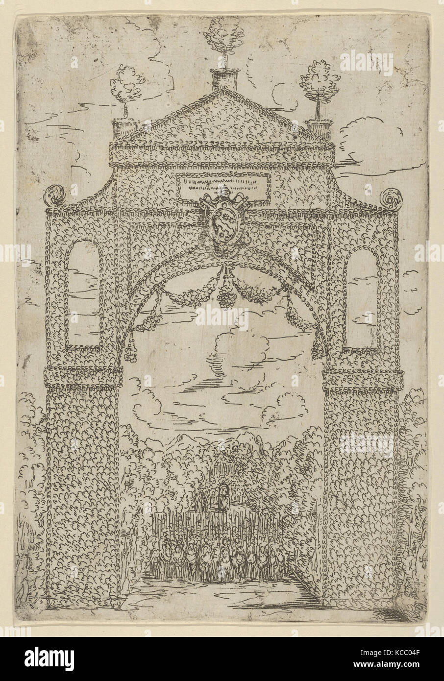Triumphal arch covered in foliage with mounted troops below, a ...
