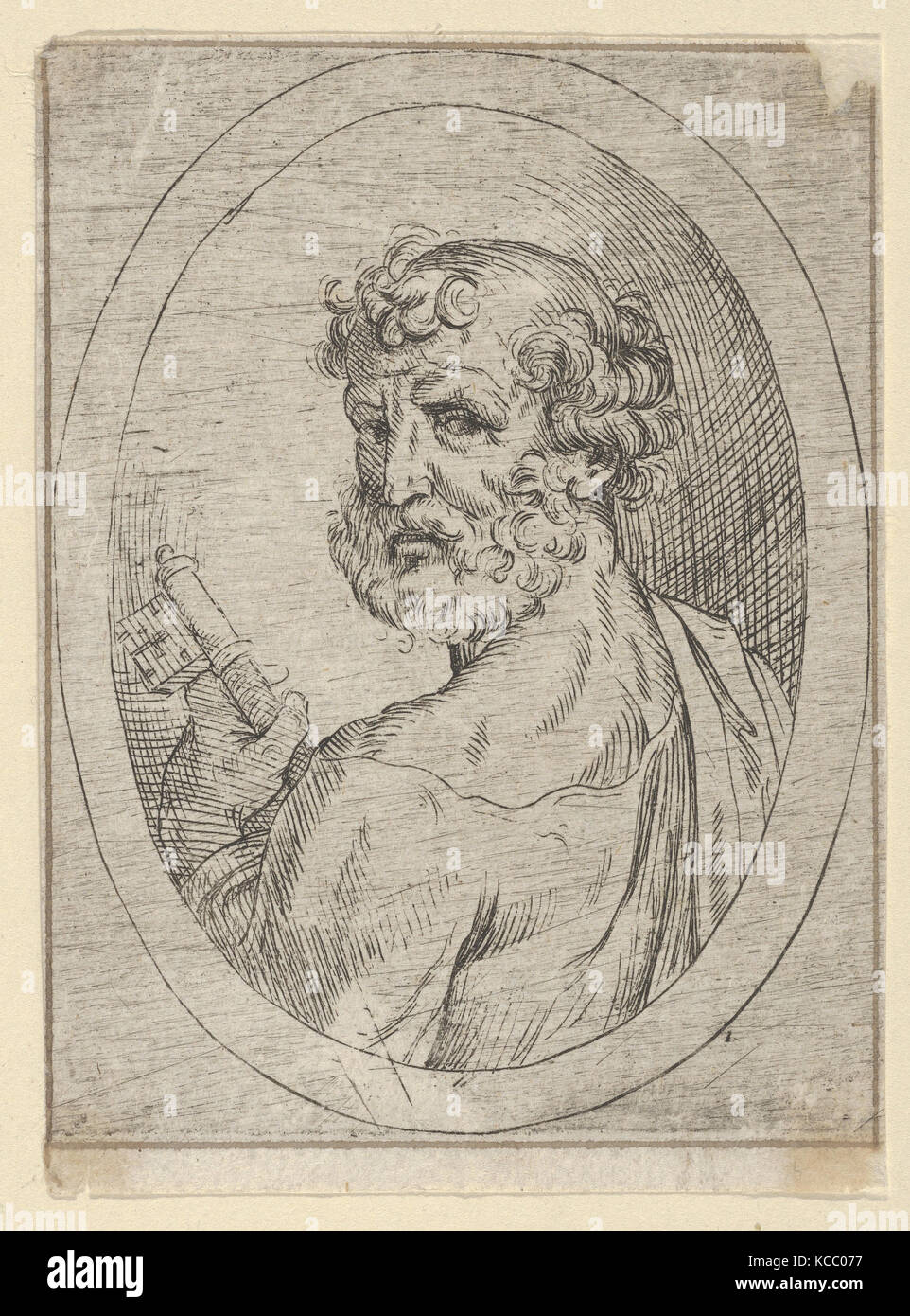 Saint Peter seen from behind, turning to face outwards and holding a ...