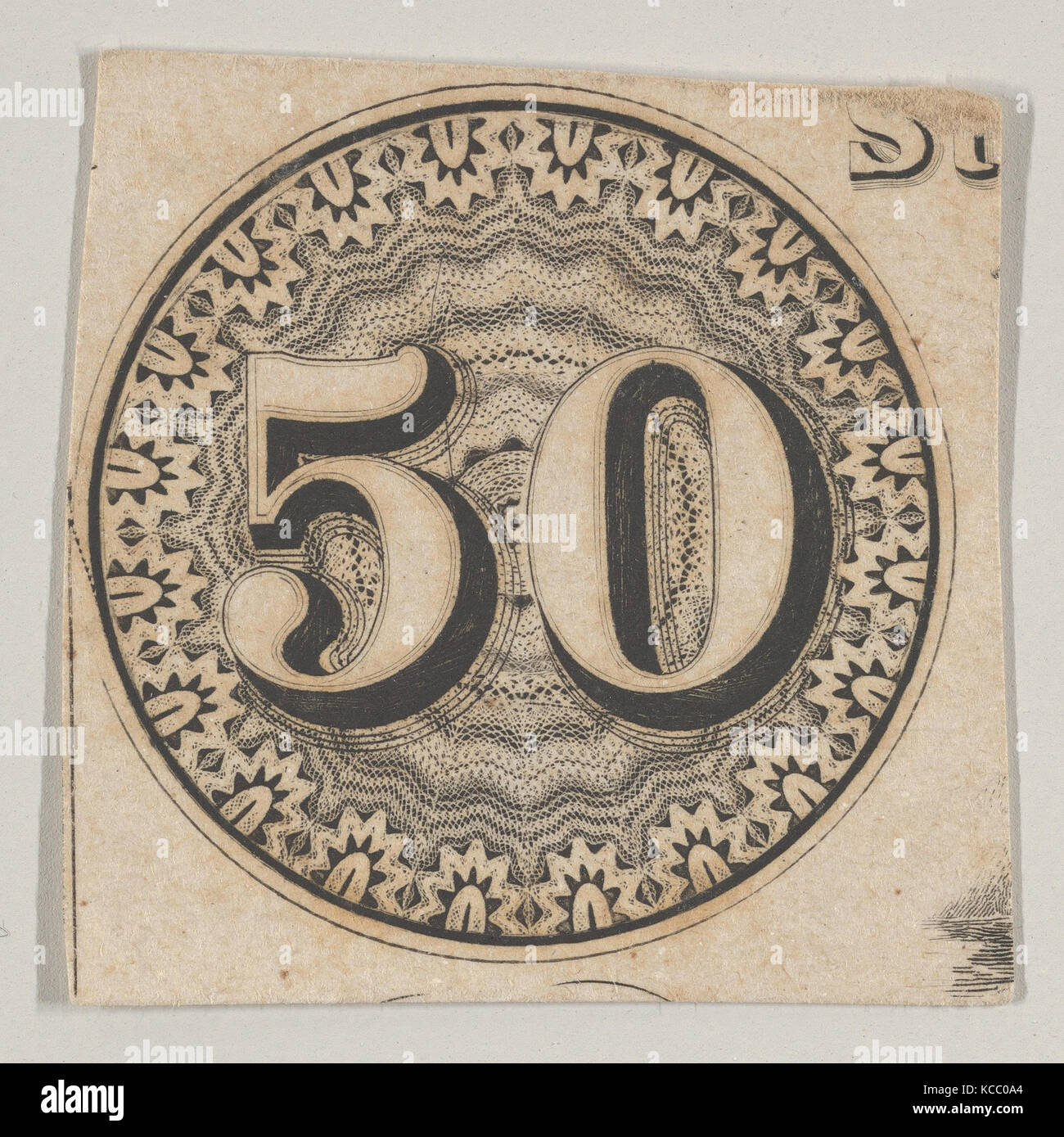 Banknote motif: the number 50 against an ornamental lathe work rondel ...