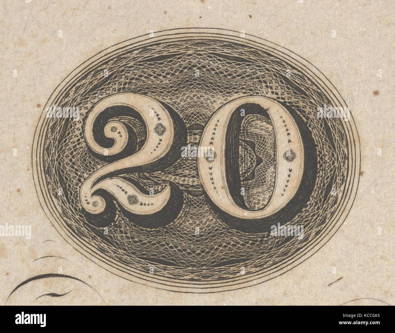 Banknote motif: the number 20 against an ornamental lathe work oval ...