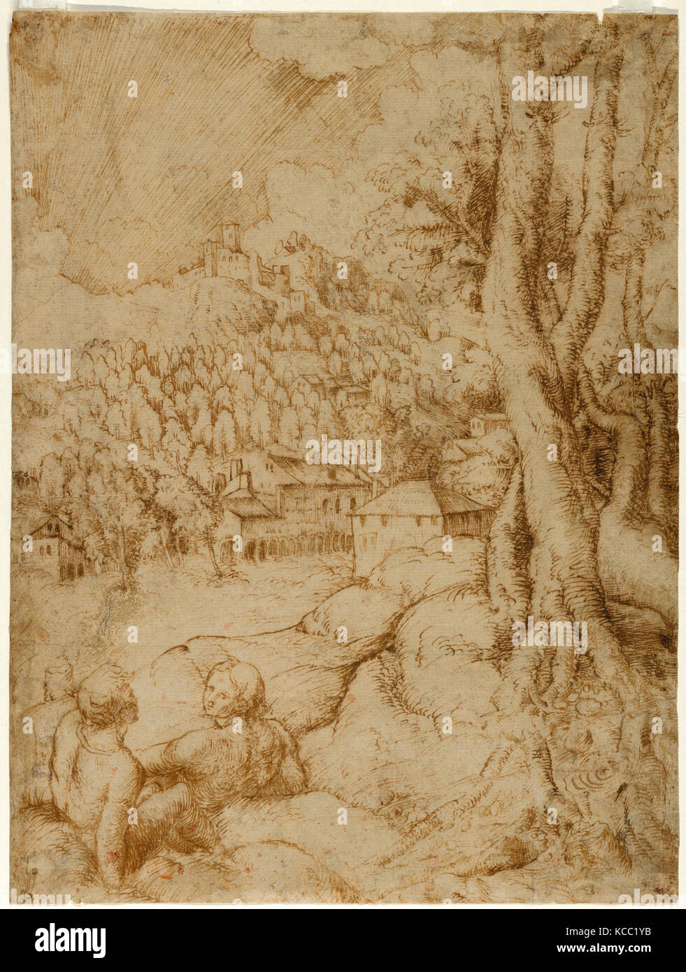 Two Seated Figures in a Landscape with Mountains and a Town (recto ...