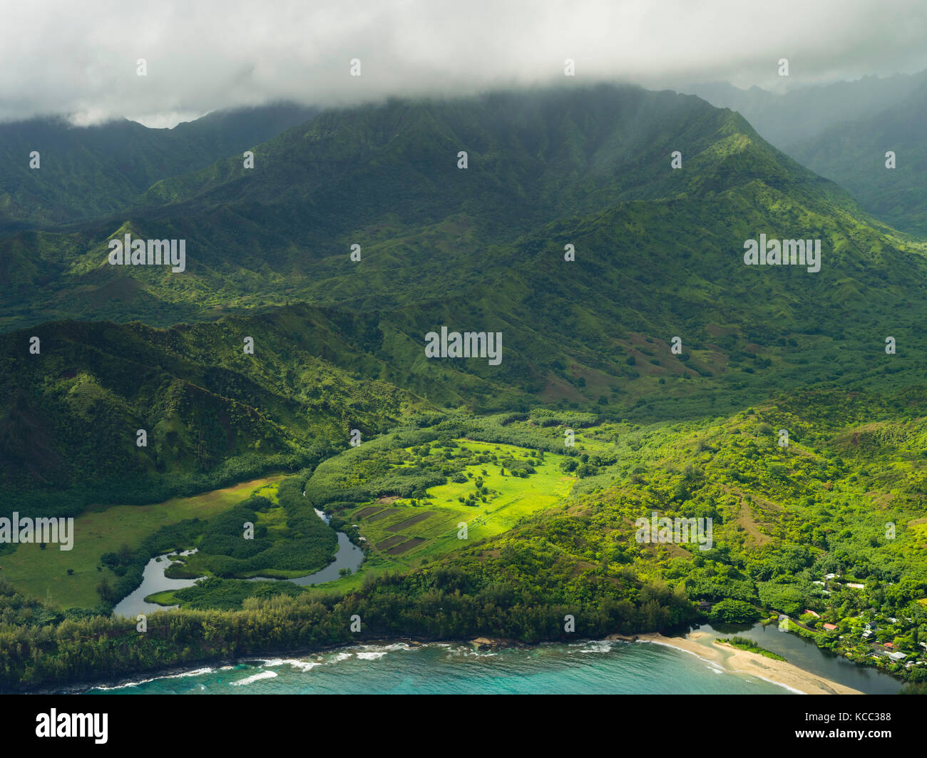 Aerial view of the Wainiha River Valley on the northern coast of Kauai ...
