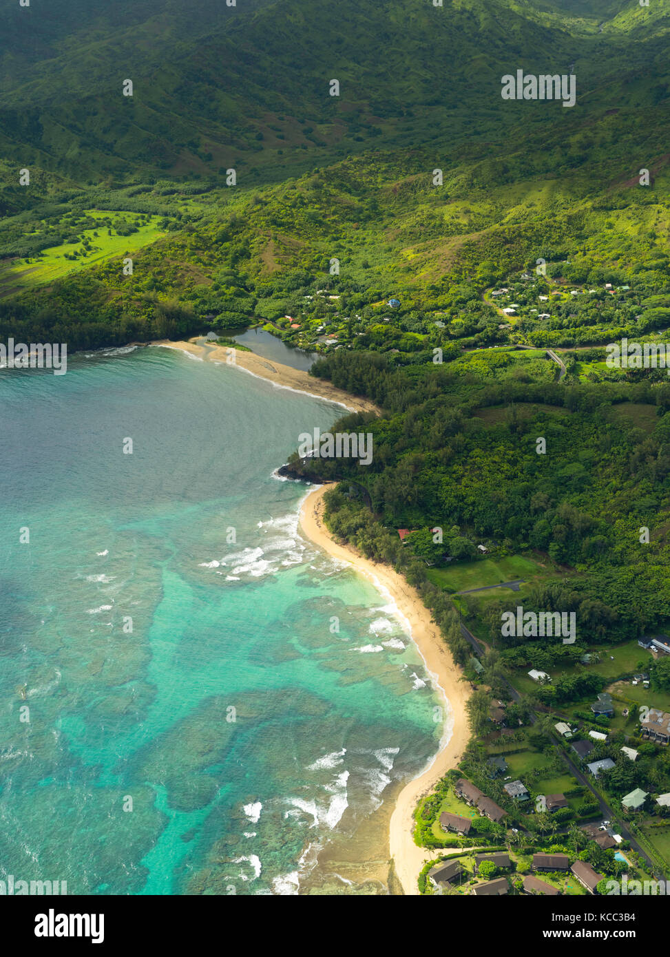 Aerial view of Haena on the northern coast of Kauai, Hawaii on a cloudy ...