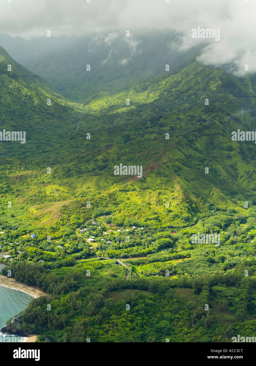 Aerial view of Haena on the northern coast of Kauai, Hawaii on a cloudy ...