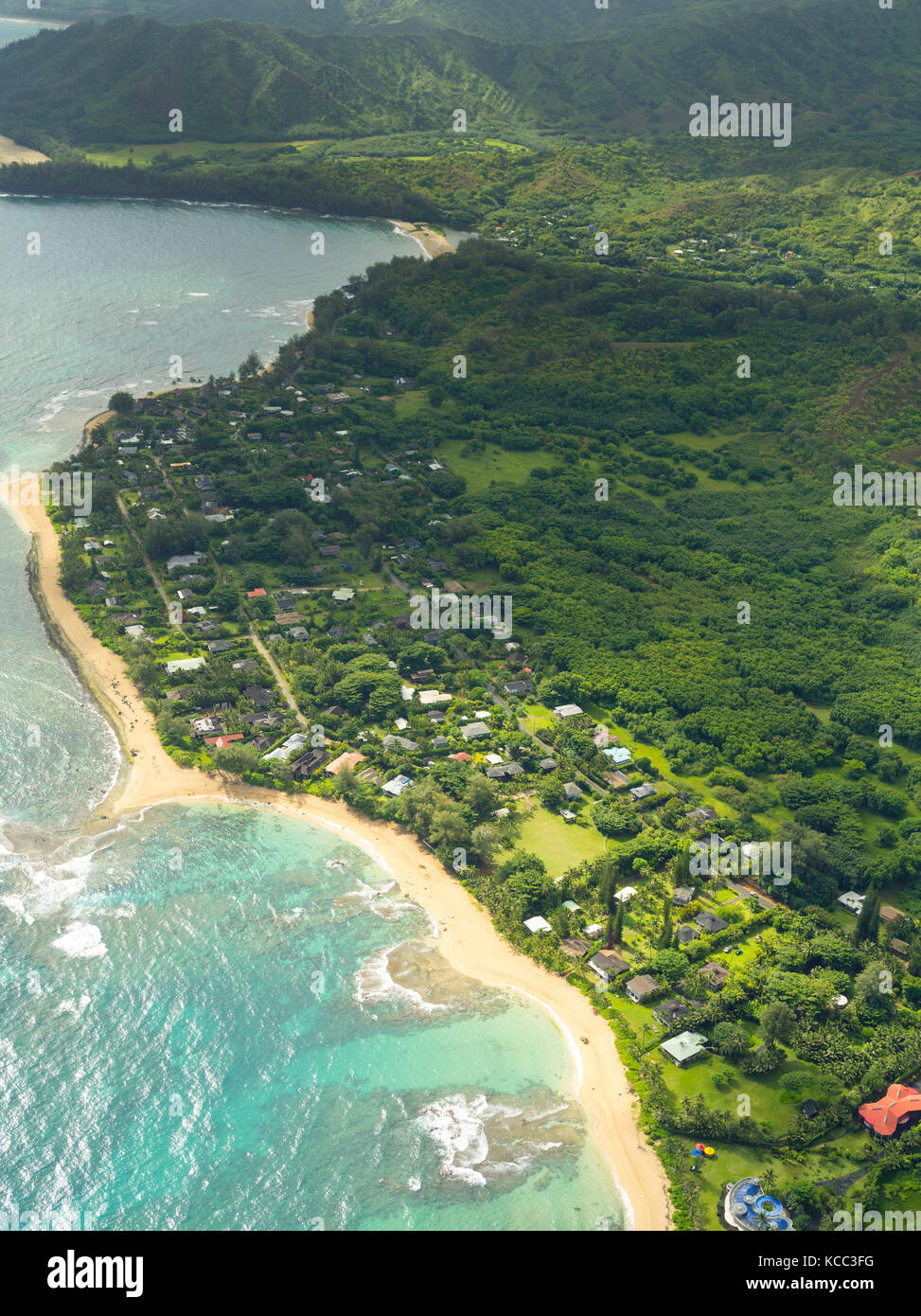 Aerial view of Haena on the northern coast of Kauai, Hawaii on a cloudy ...