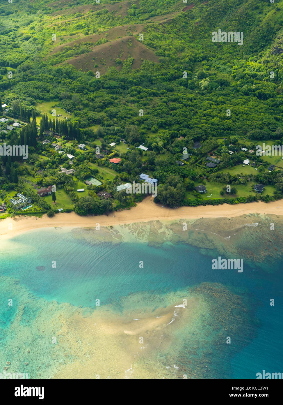 Aerial view of Haena on the northern coast of Kauai, Hawaii on a cloudy ...