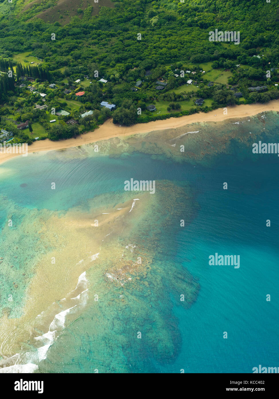 Aerial view of Haena on the northern coast of Kauai, Hawaii on a cloudy ...