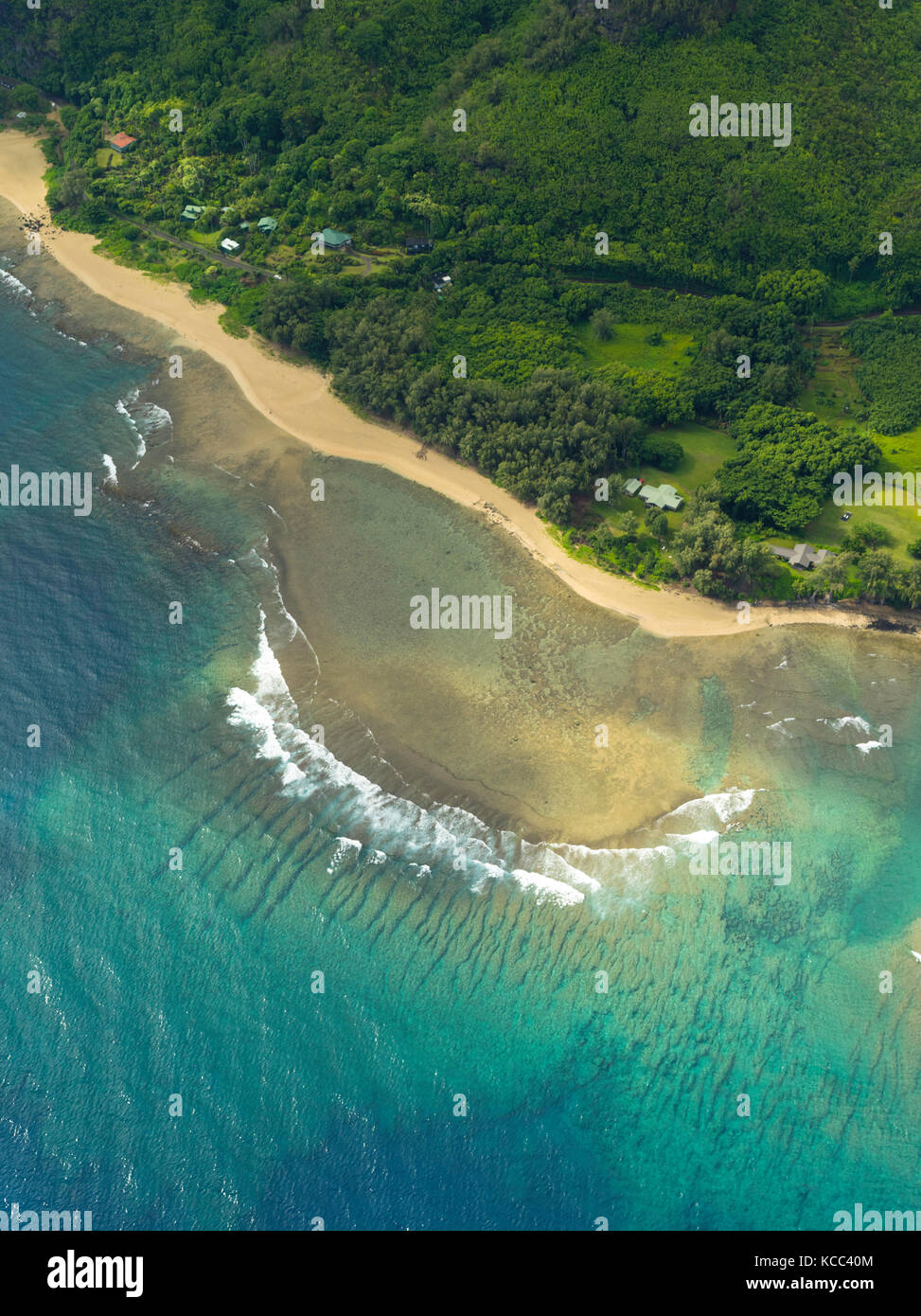 Aerial view of Haena on the northern coast of Kauai, Hawaii on a cloudy ...