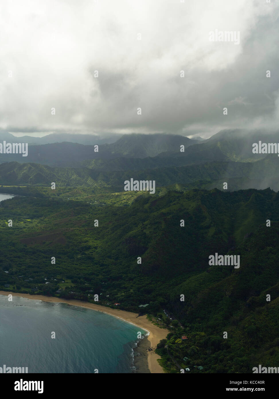 Aerial view of Haena on the northern coast of Kauai, Hawaii on a cloudy ...