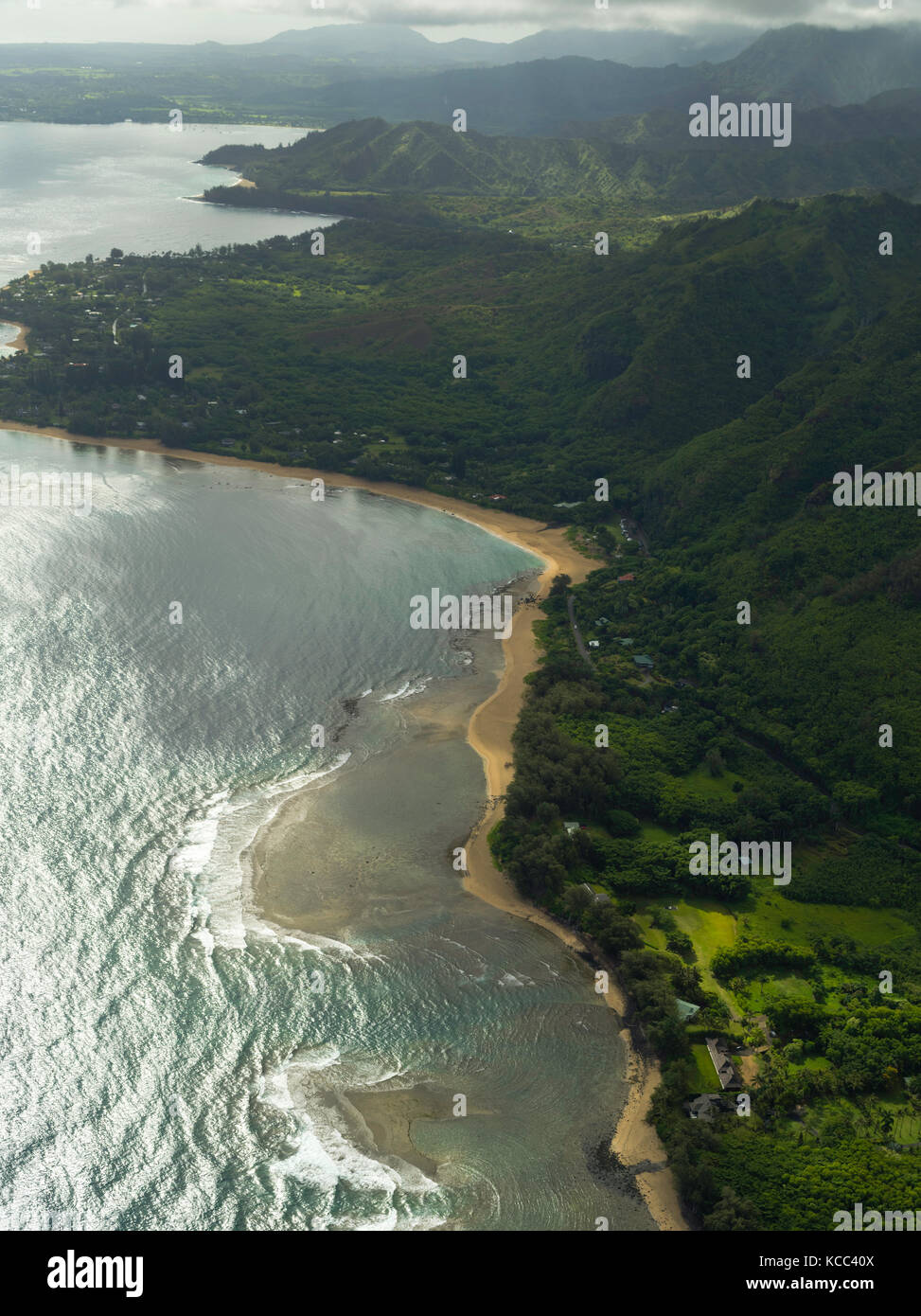 Aerial view of Haena on the northern coast of Kauai, Hawaii on a cloudy ...