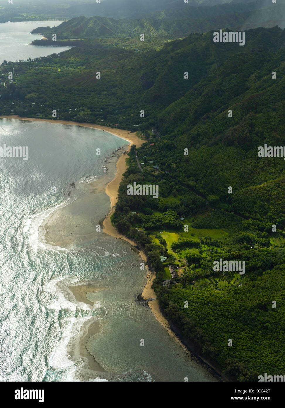 Aerial view of Haena on the northern coast of Kauai, Hawaii on a cloudy ...