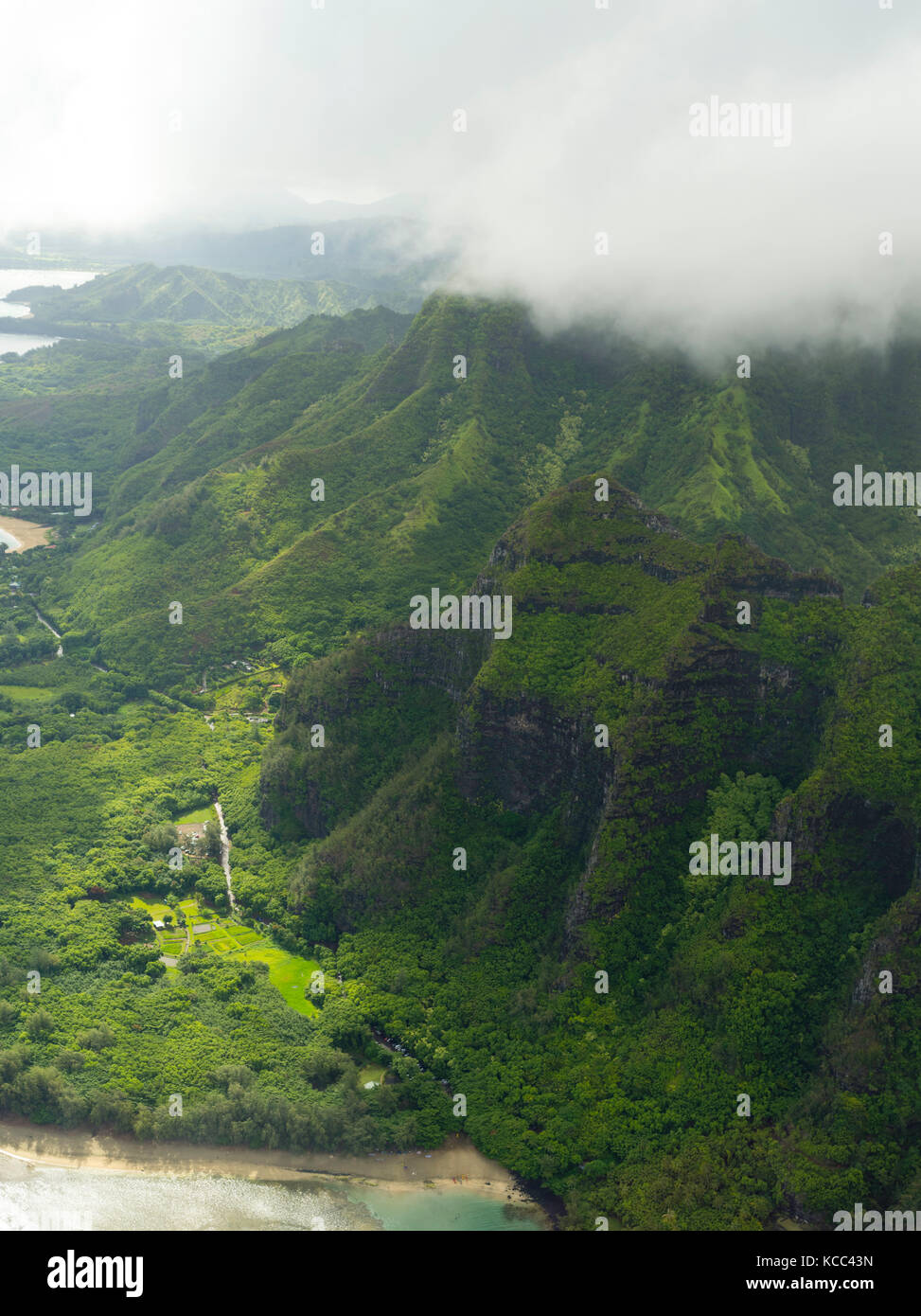 Aerial view of Haena on the northern coast of Kauai, Hawaii on a cloudy ...