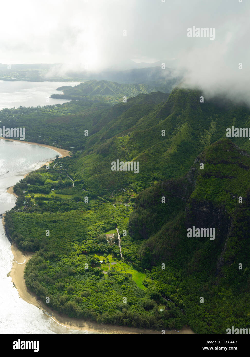 Aerial view of Haena on the northern coast of Kauai, Hawaii on a cloudy ...