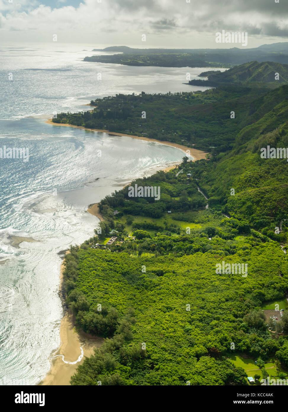 Aerial view of Haena on the northern coast of Kauai, Hawaii on a cloudy ...
