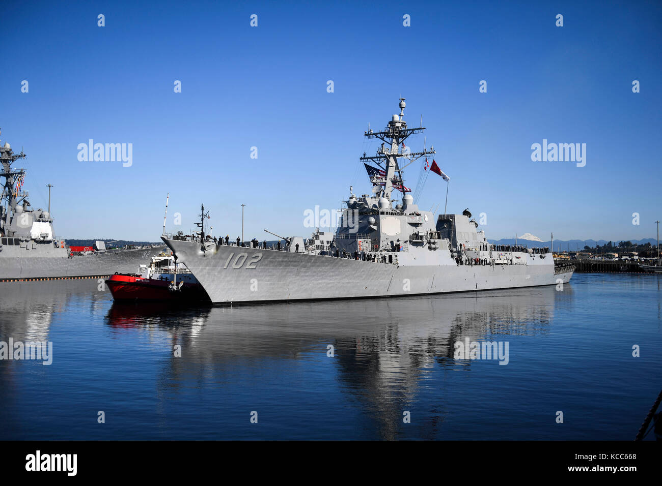 The Arleigh Burke class guided-missile destroyer USS Sampson (DDG 102) prepares to depart Naval ...