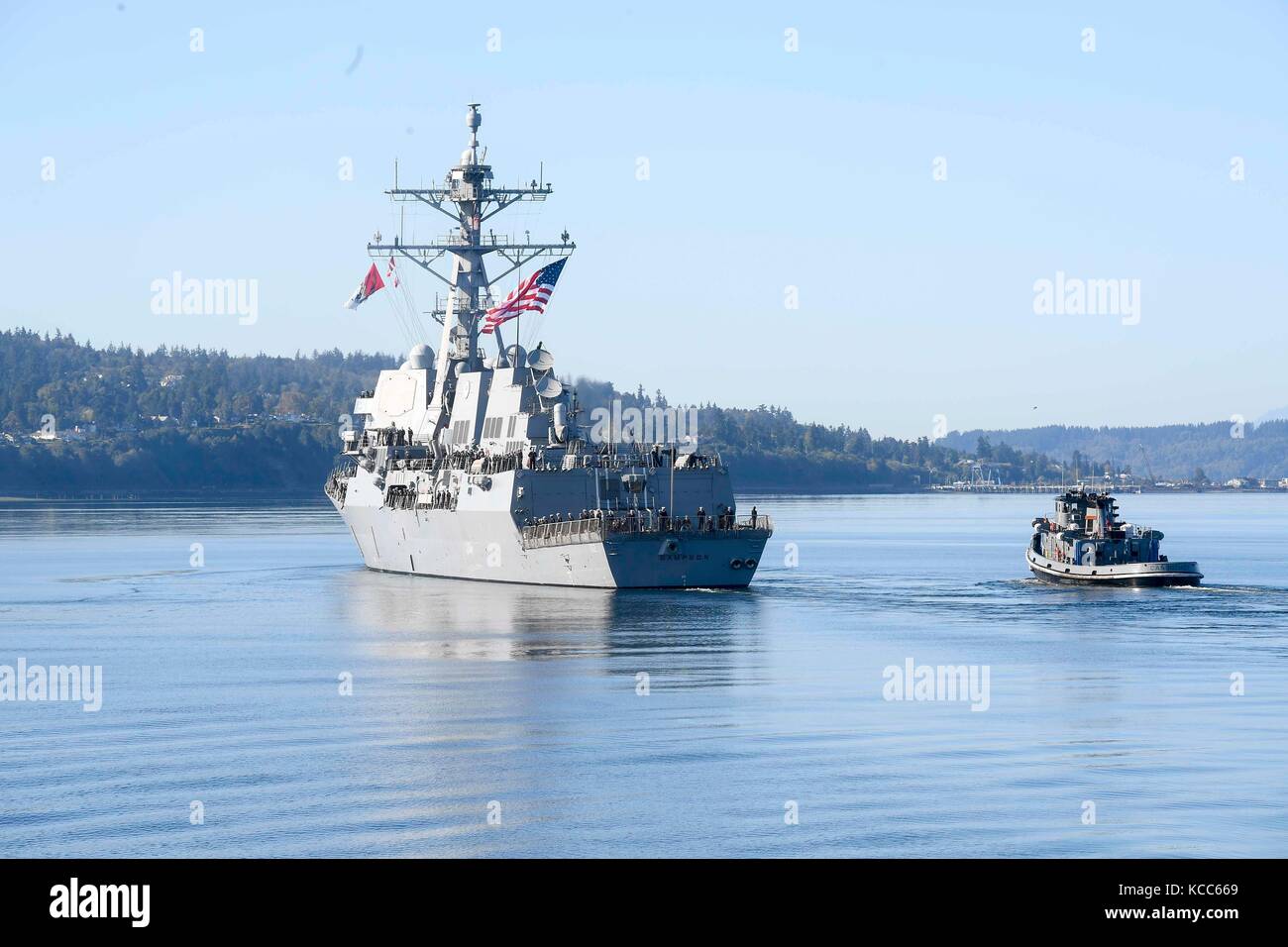 The Arleigh Burke class guided-missile destroyer USS Sampson (DDG 102) prepares to depart Naval ...