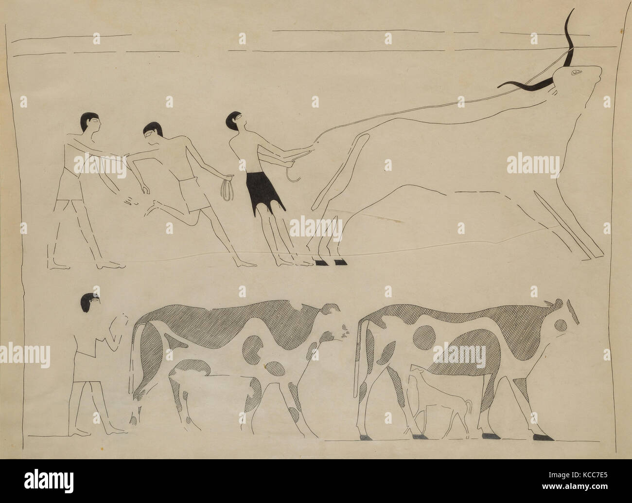 Men Roping a Bull and Driving Cattle, Tomb of Djari, Unknown Copyist ...