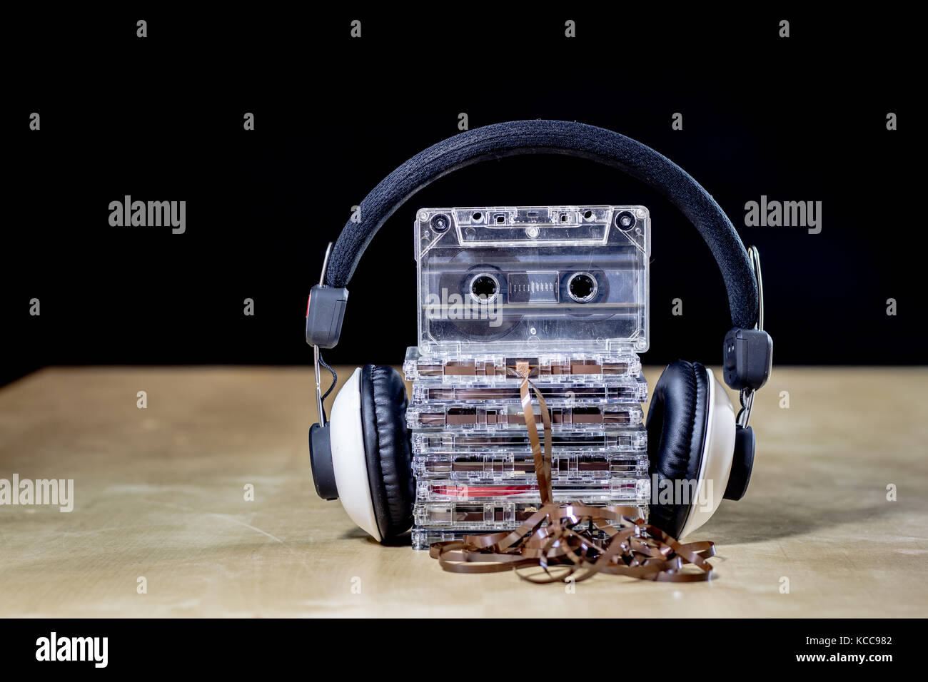 Cassette tape and headphones for listening to music. Old good music ...