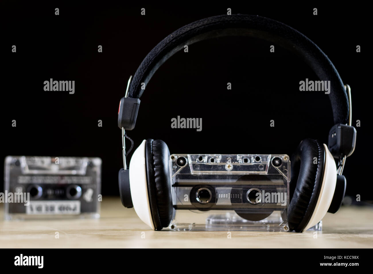Cassette tape and headphones for listening to music. Old good music ...