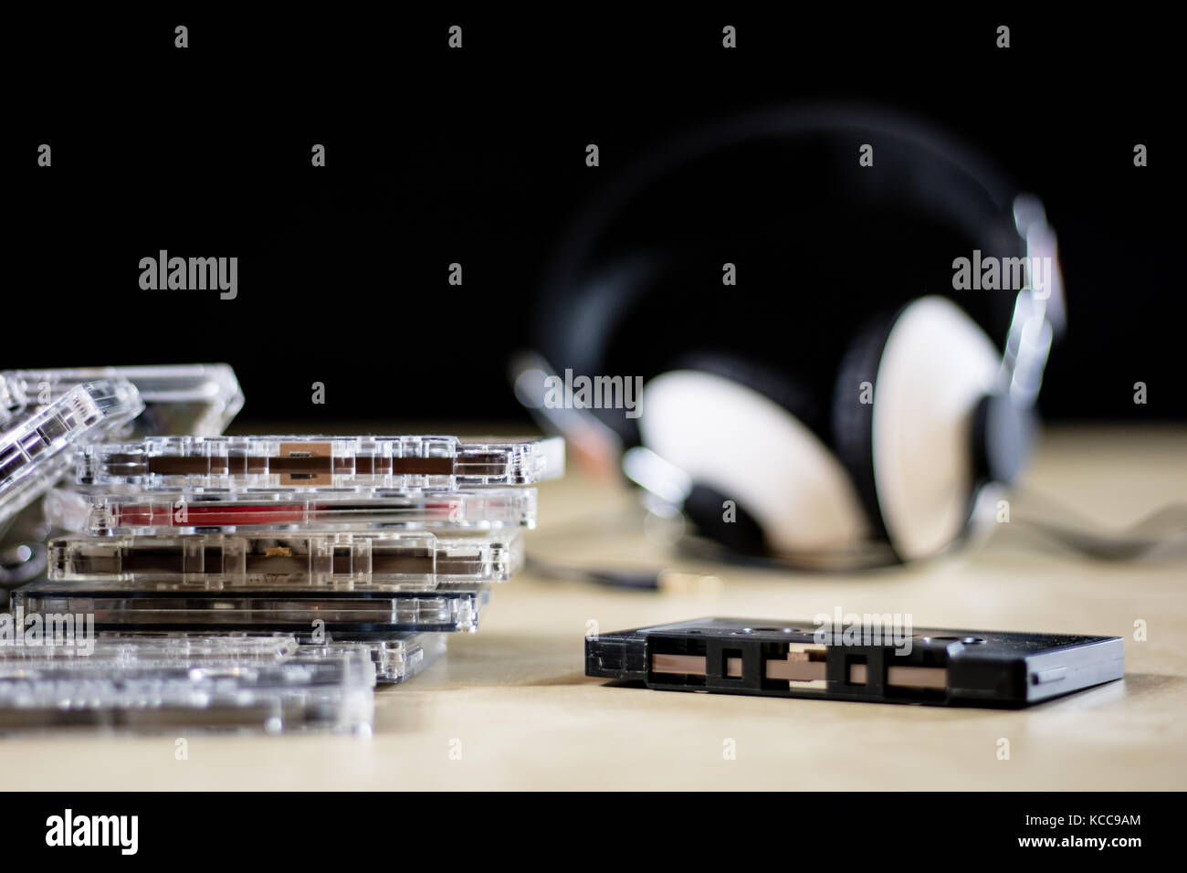 Cassette tape and headphones for listening to music. Old good music ...