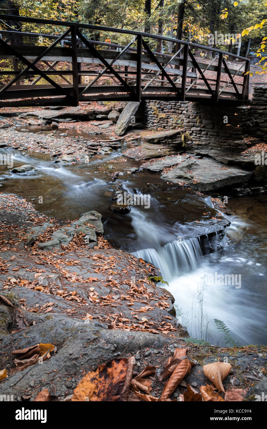 Graceful waterfalls flow around a stone walkway and curved bridge at ...