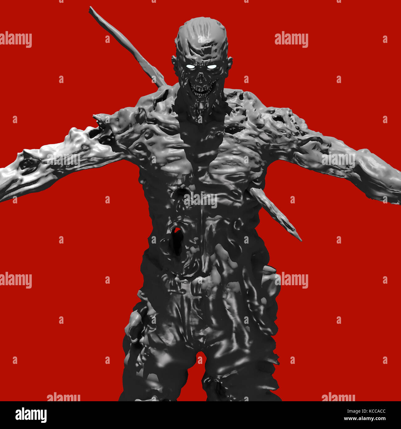 Pierced spooky zombie monster run. 3D illustration in black and red ...