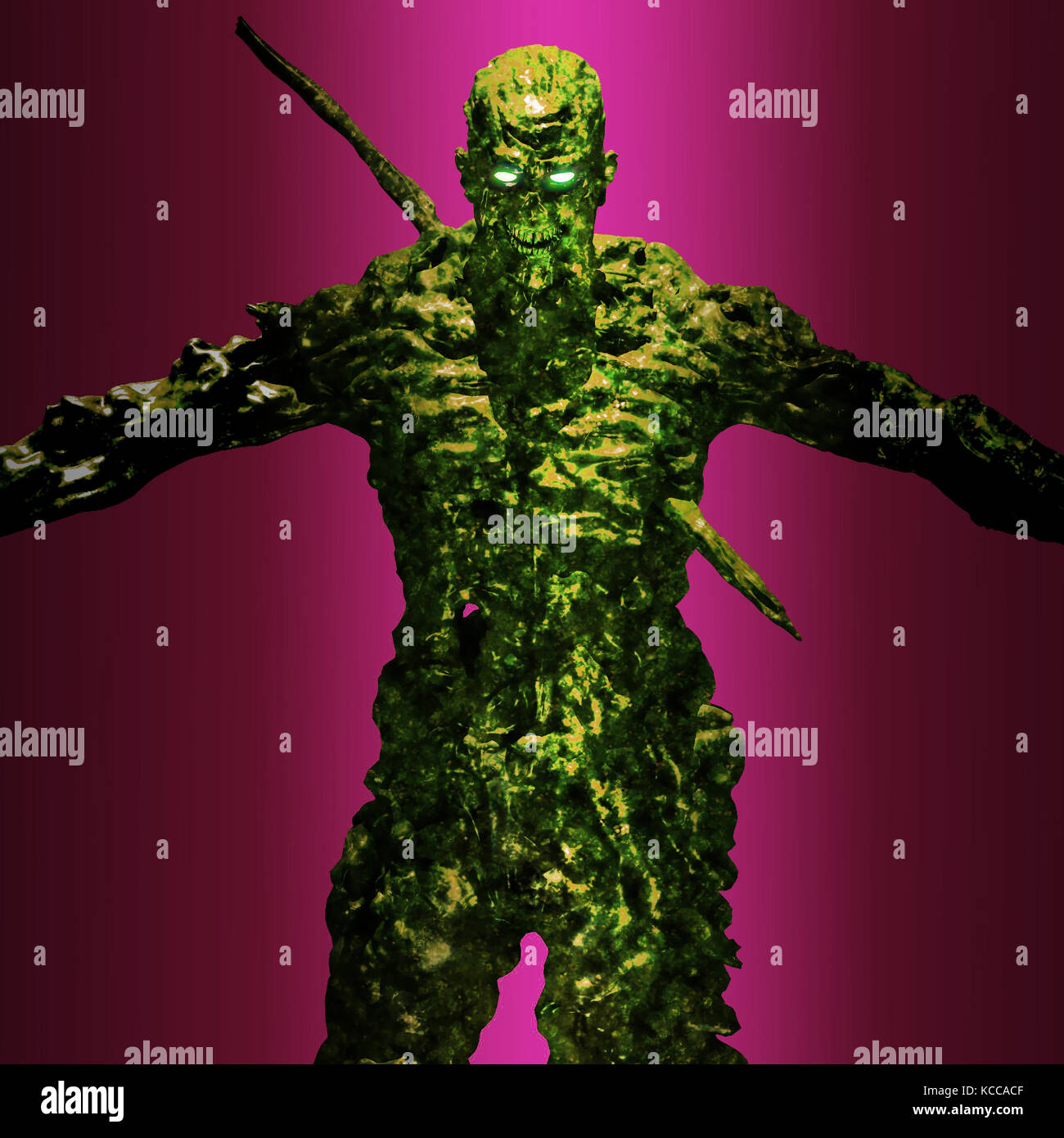 Anger demon stands in a blue ray of light. 3D illustration in genre of ...