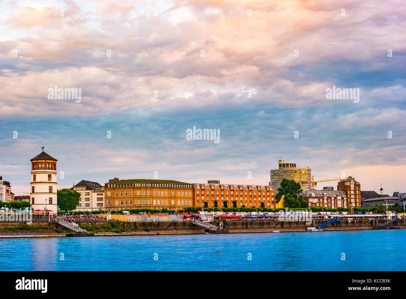 A view at the city skyline central Dusseldorf from the rhine river ...