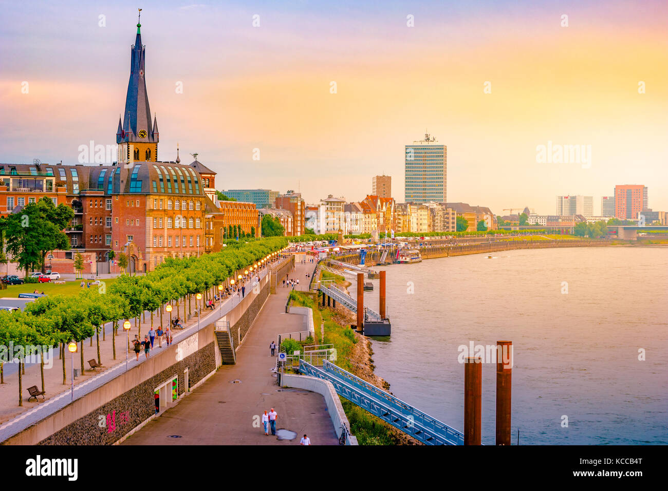 A view at the city skyline central Dusseldorf from the rhine river ...