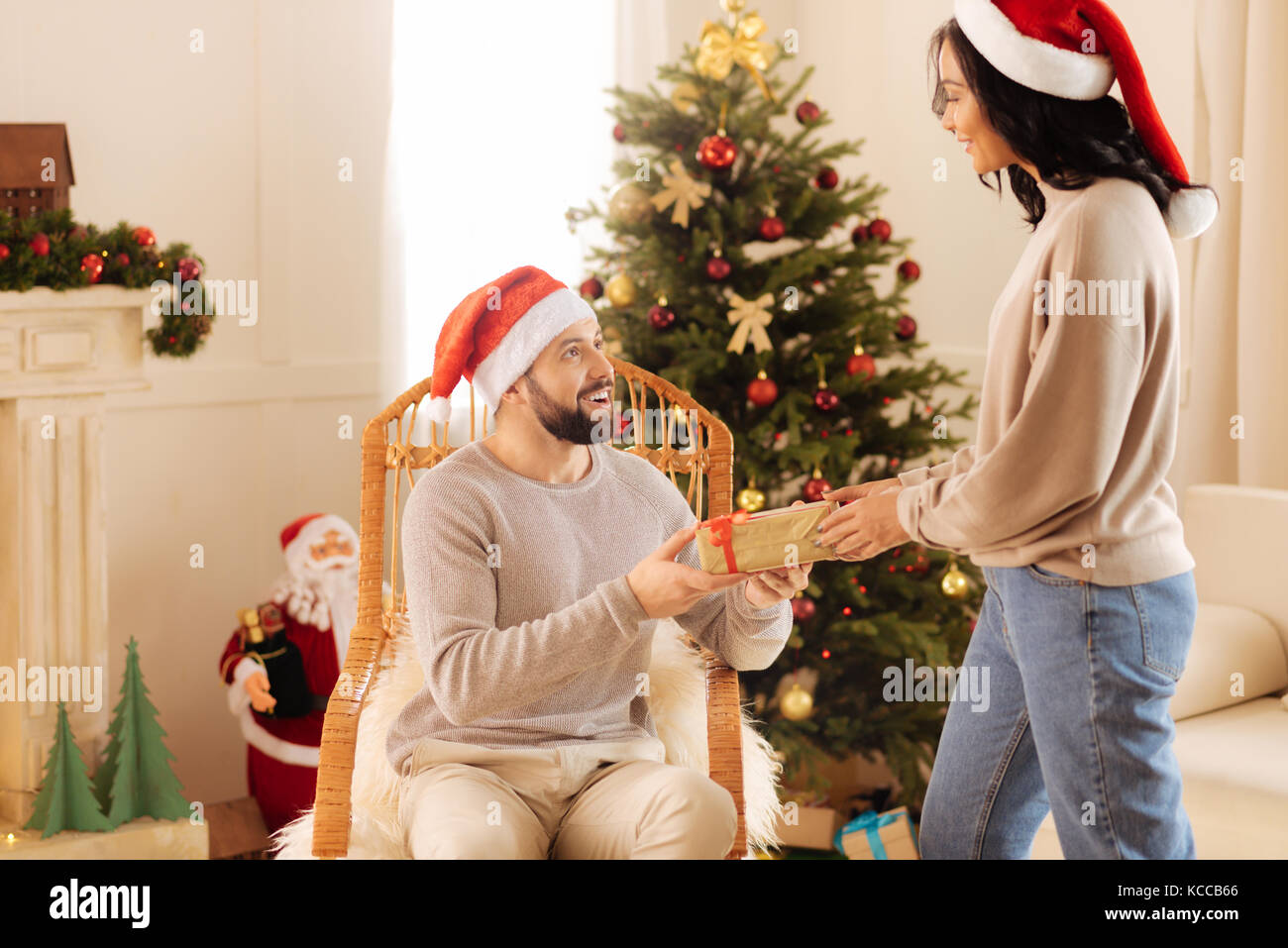 Happy man accepting Christmas present from his wife Stock Photo - Alamy
