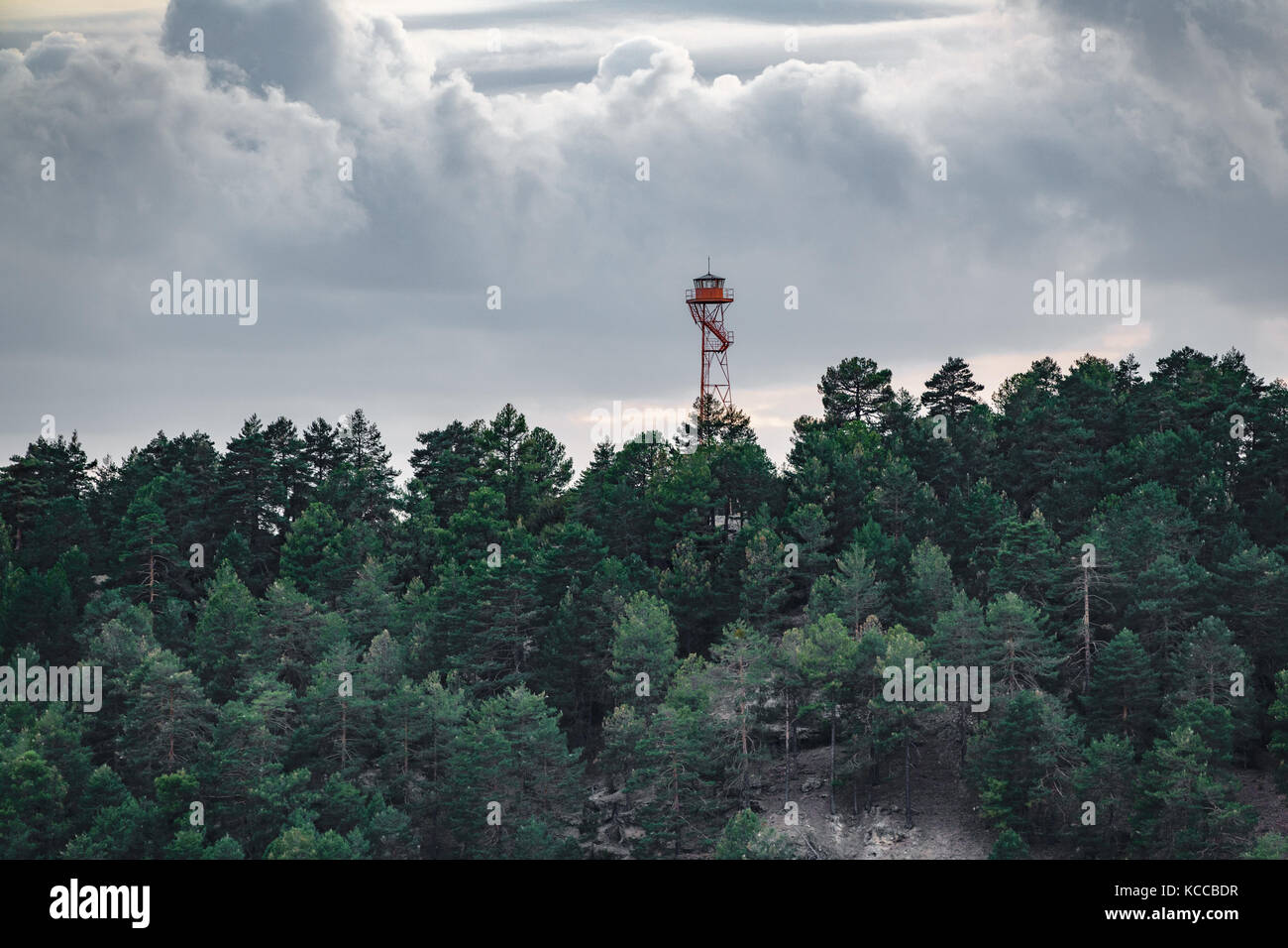 Fire watching hut high over the forest Stock Photo - Alamy