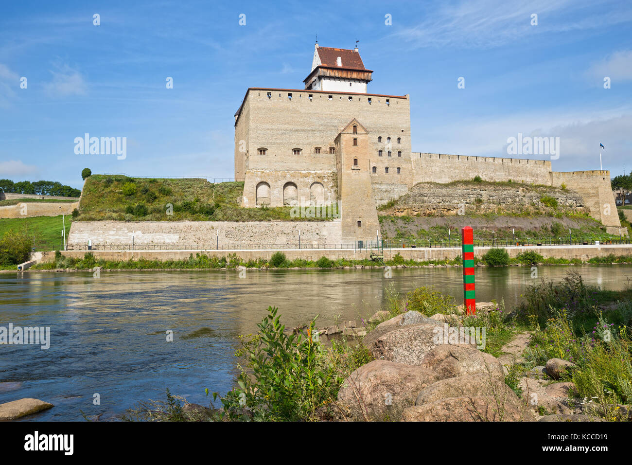 Border post on the border between Russia and Estonia on the River Narva ...
