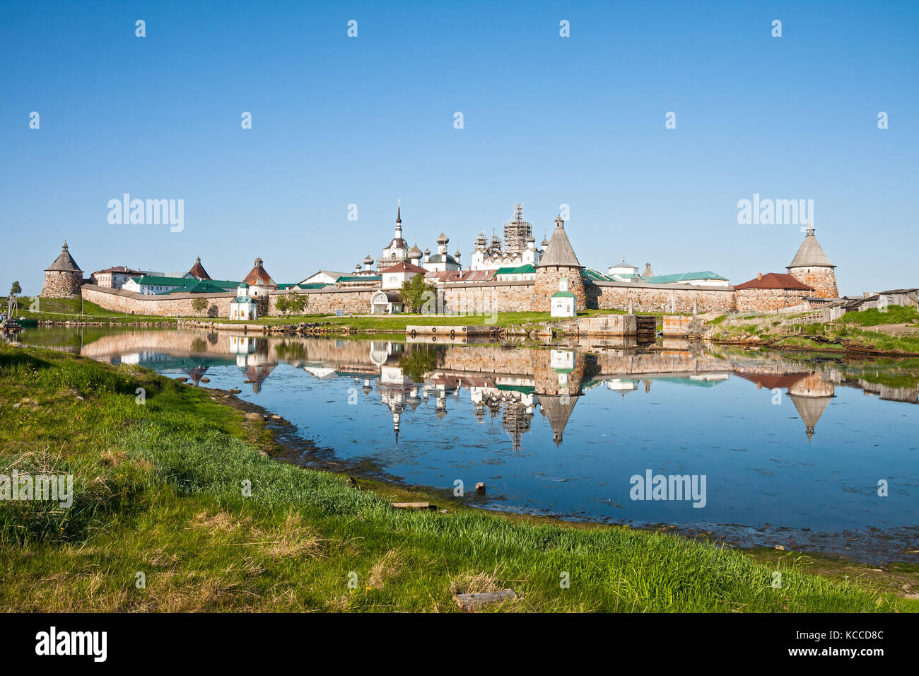 View on Solovetsky Monastery with reflection in water, Russia Stock ...