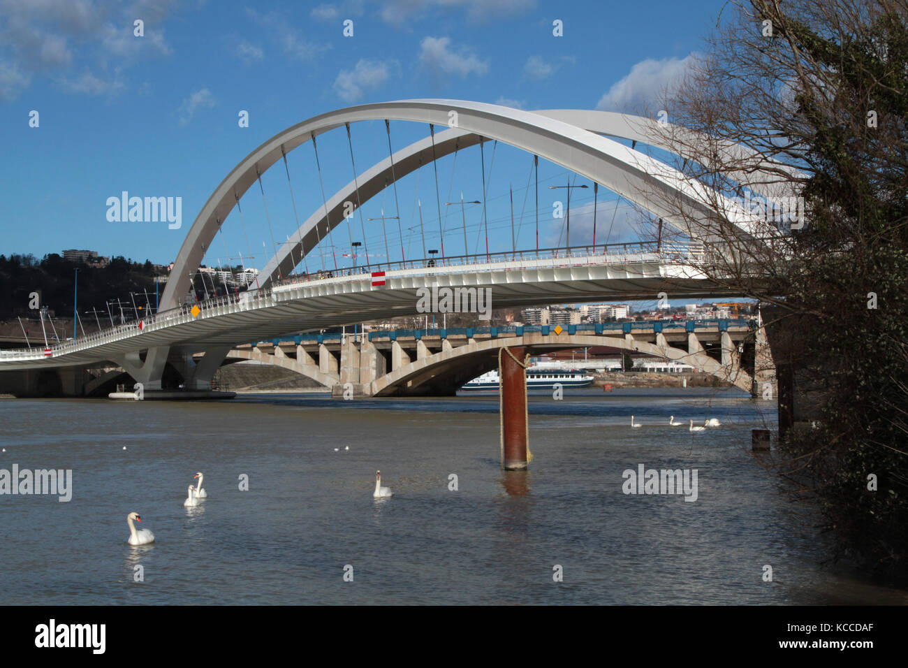 LYON, FRANCE, FEBRUARY 9, 2014 : Raymond Barre bridgeunder construction ...