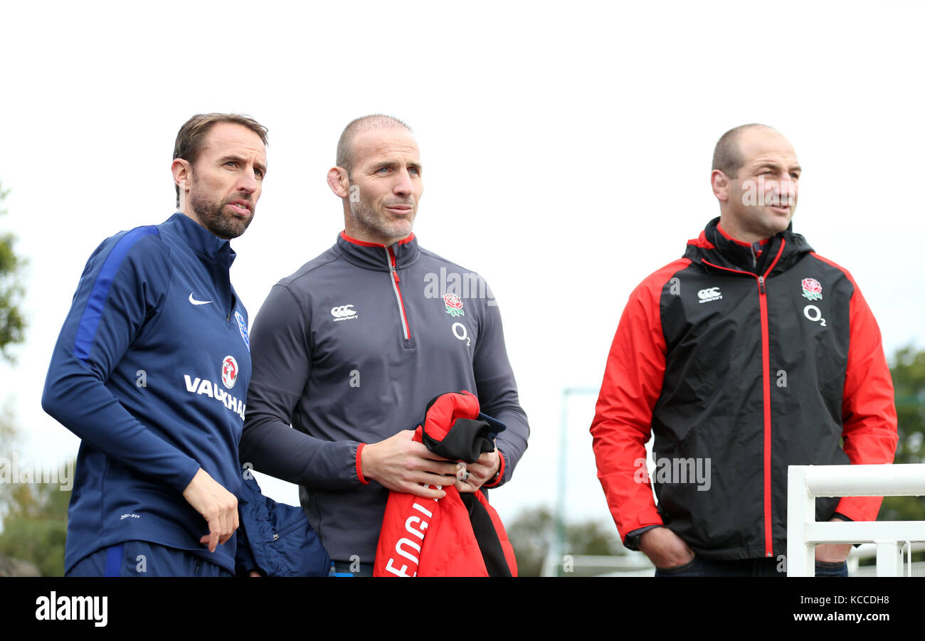 England manager Gareth Southgate (left) with England Rugby coaches Paul ...