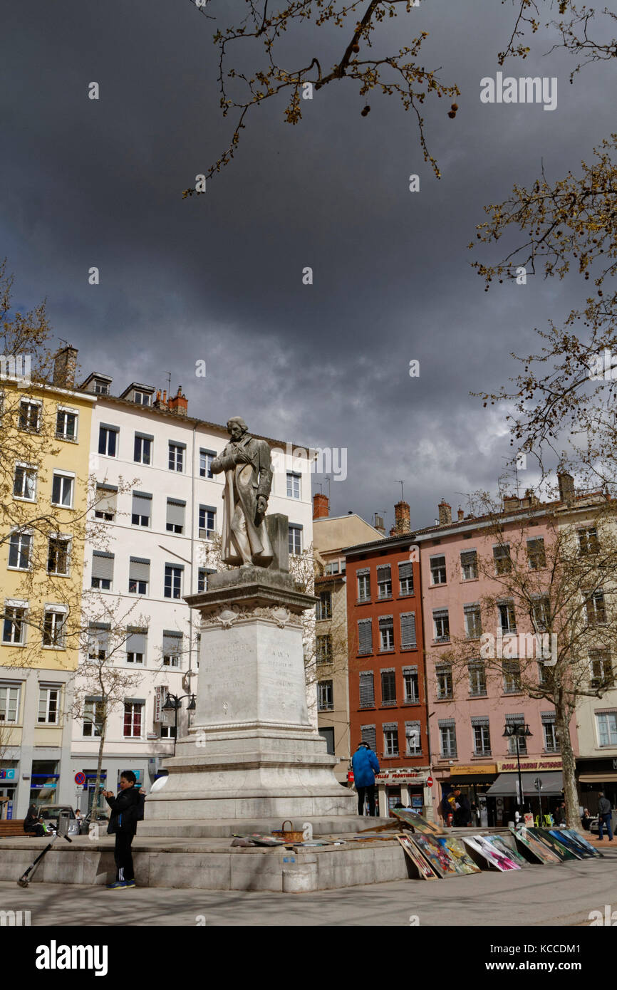 LYON, FRANCE, April 8, 2016 : Jacquard statue in Croix-Rousse district ...