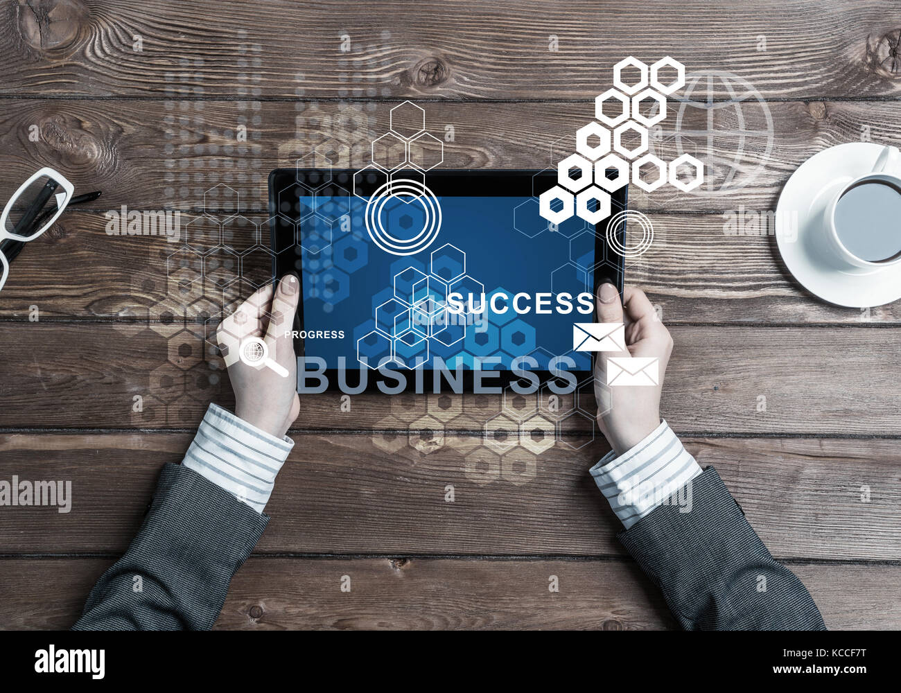 Business workplace with tablet device coffee cup and media user ...