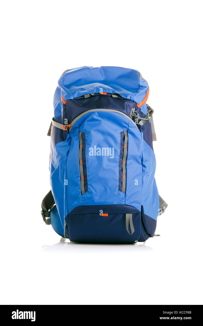 Photo of blue backpack on empty background Stock Photo - Alamy