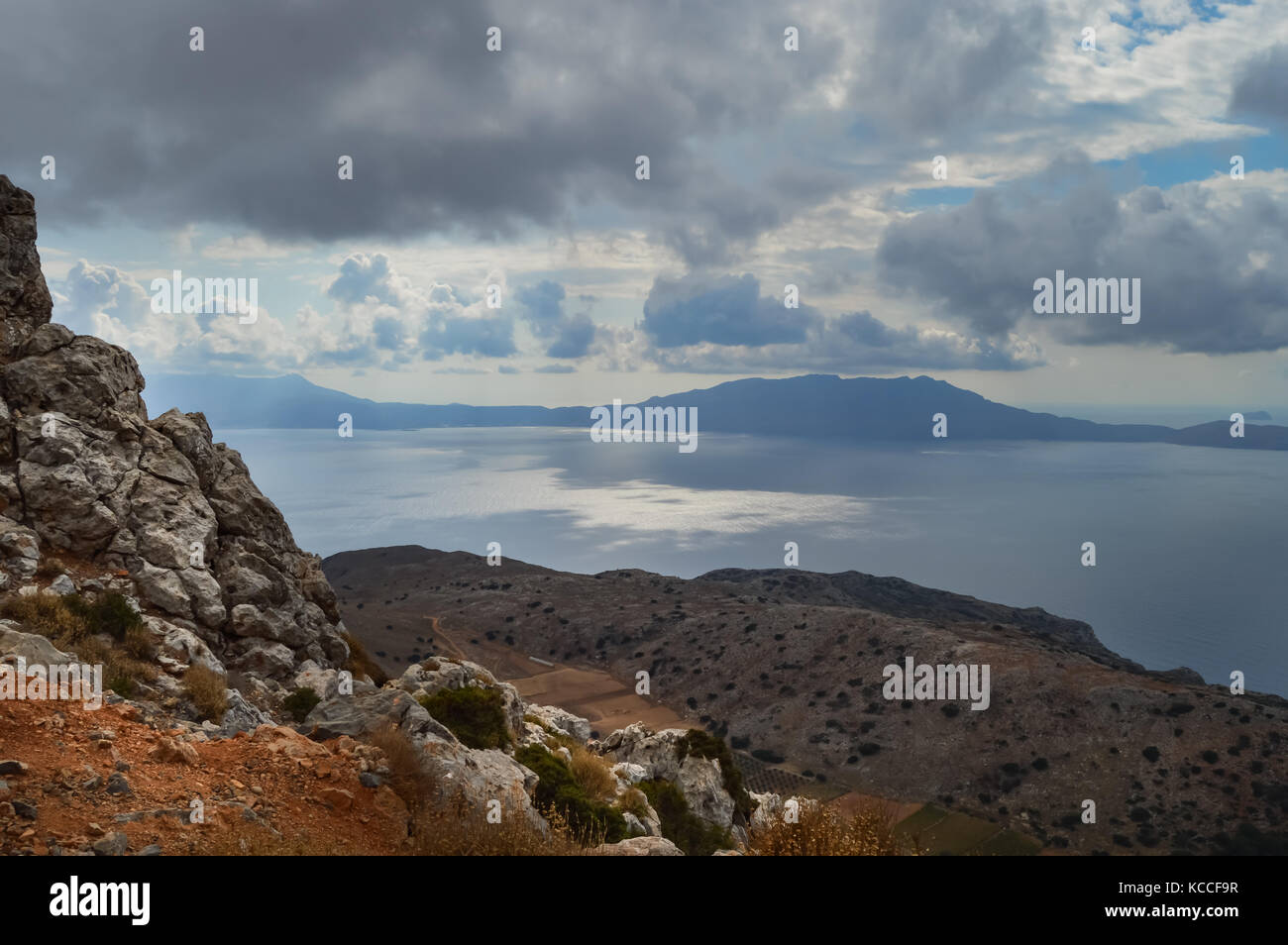 Panorama of the ocean and mountains from the western heights of Crete ...