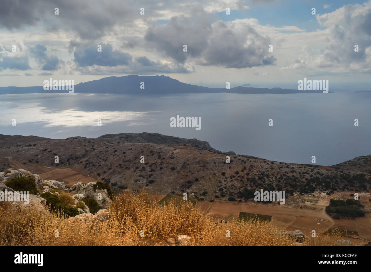 Panorama of the ocean and mountains from the western heights of Crete ...