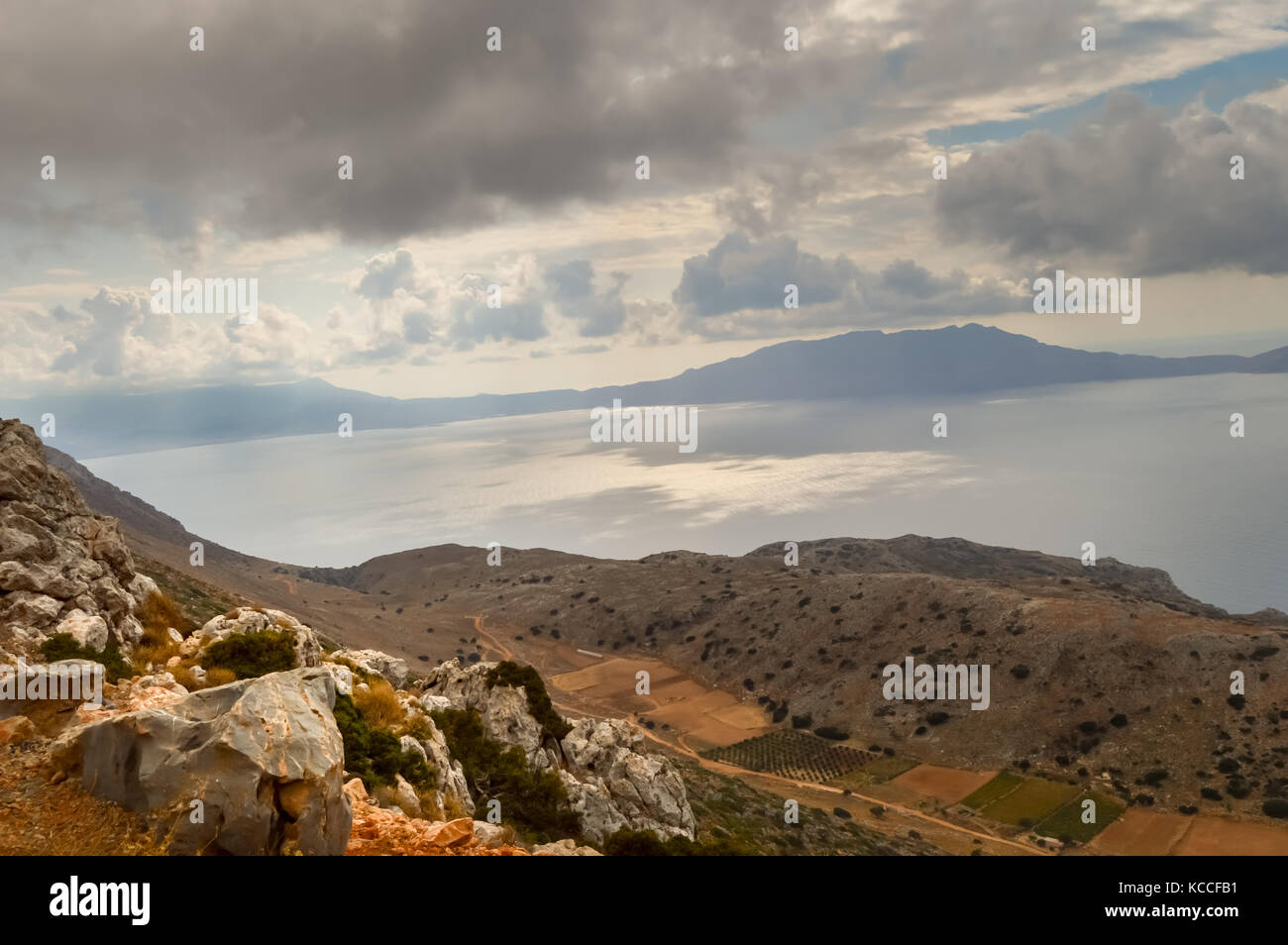 Panorama of the ocean and mountains from the western heights of Crete ...