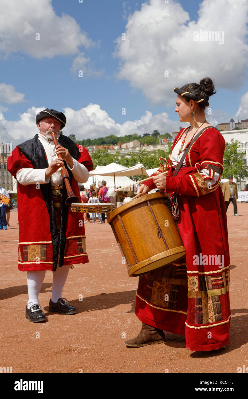 LYON, France, May 14, 2017 : Traditional musicians in Renaissance ...
