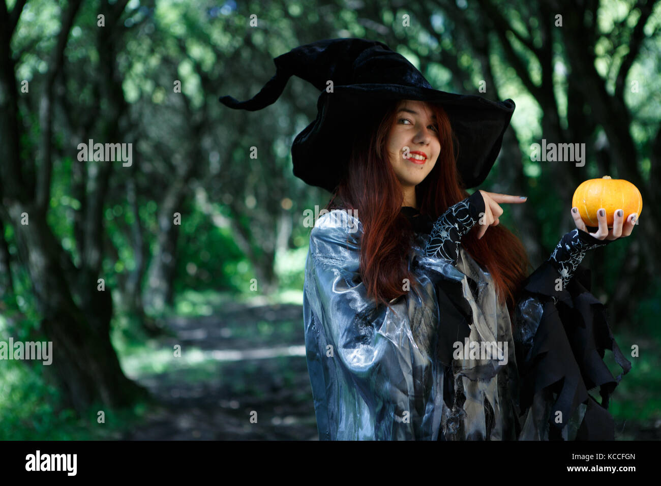Image of witch pointing finger at pumpkin Stock Photo - Alamy