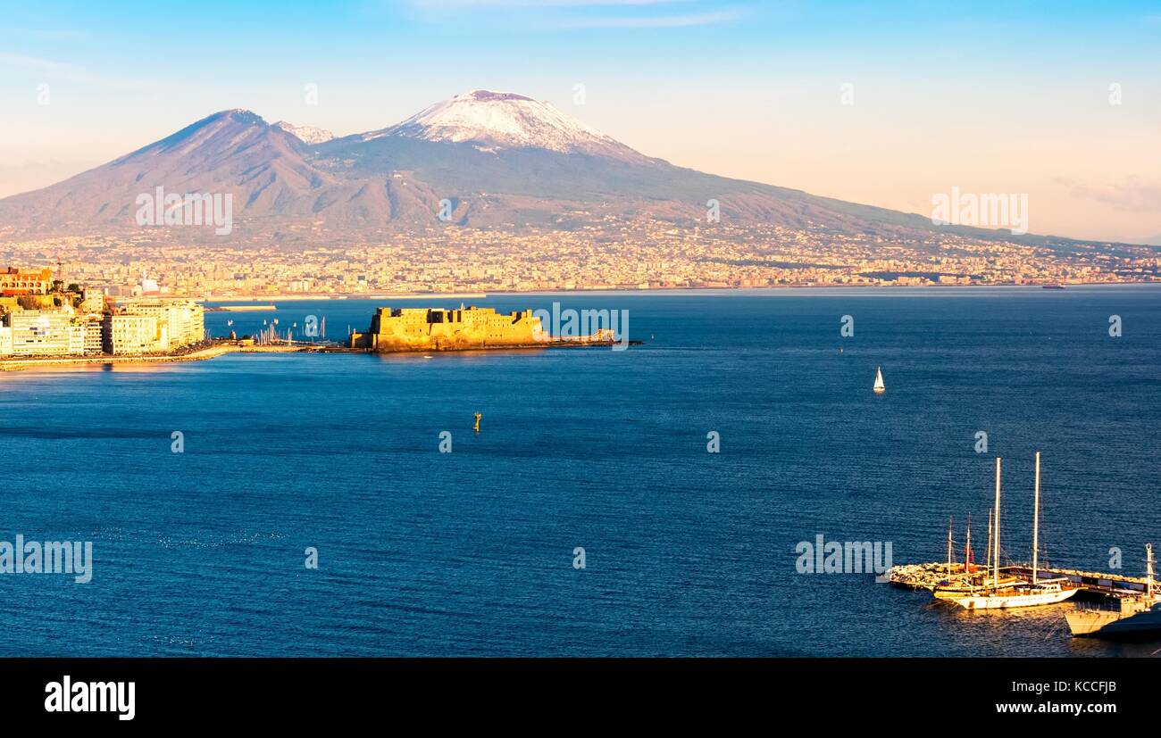 Panoramic aerial view of Naples with the unusually snowy Vesuvius ...