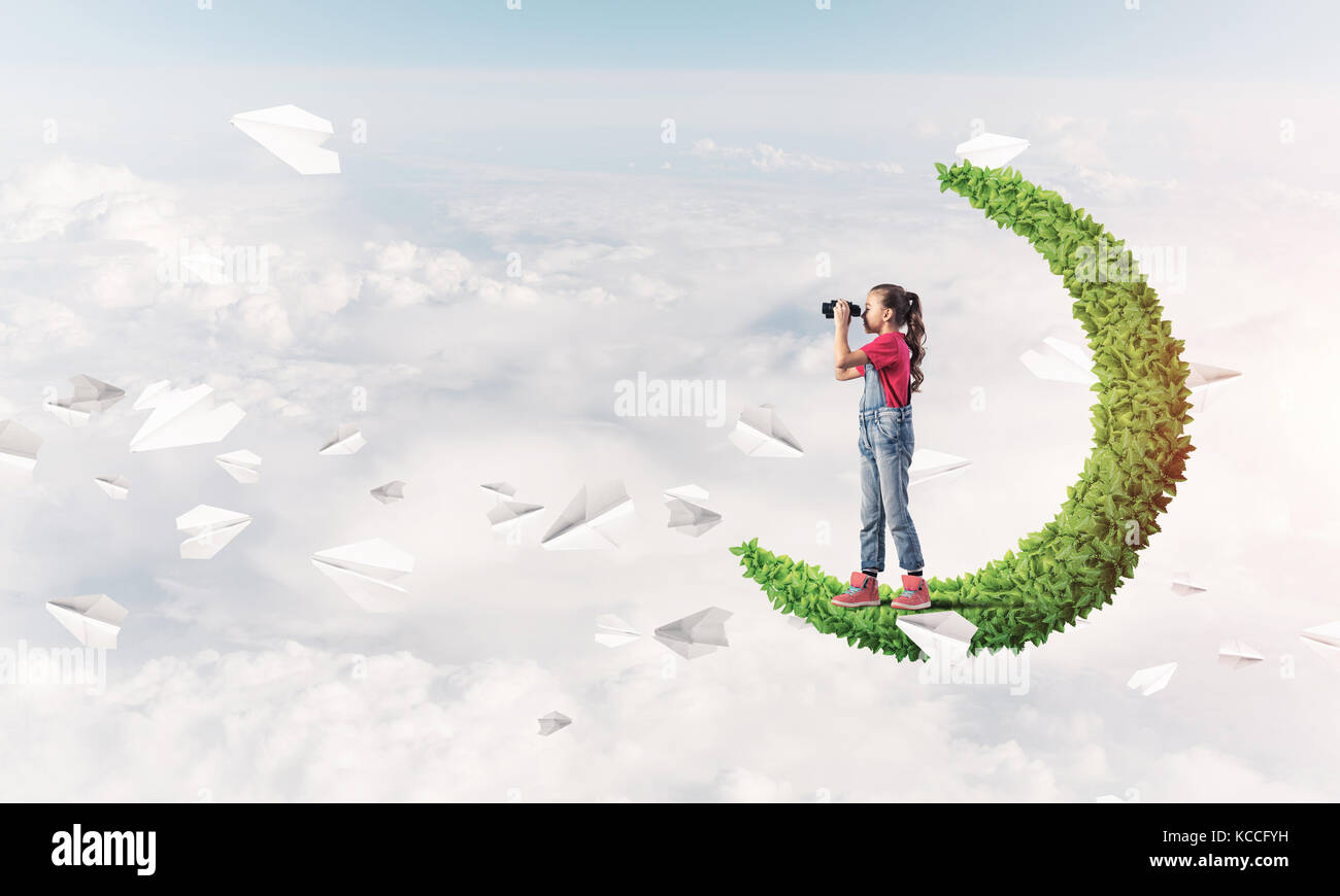 Concept of careless happy childhood with girl on green moon Stock Photo ...