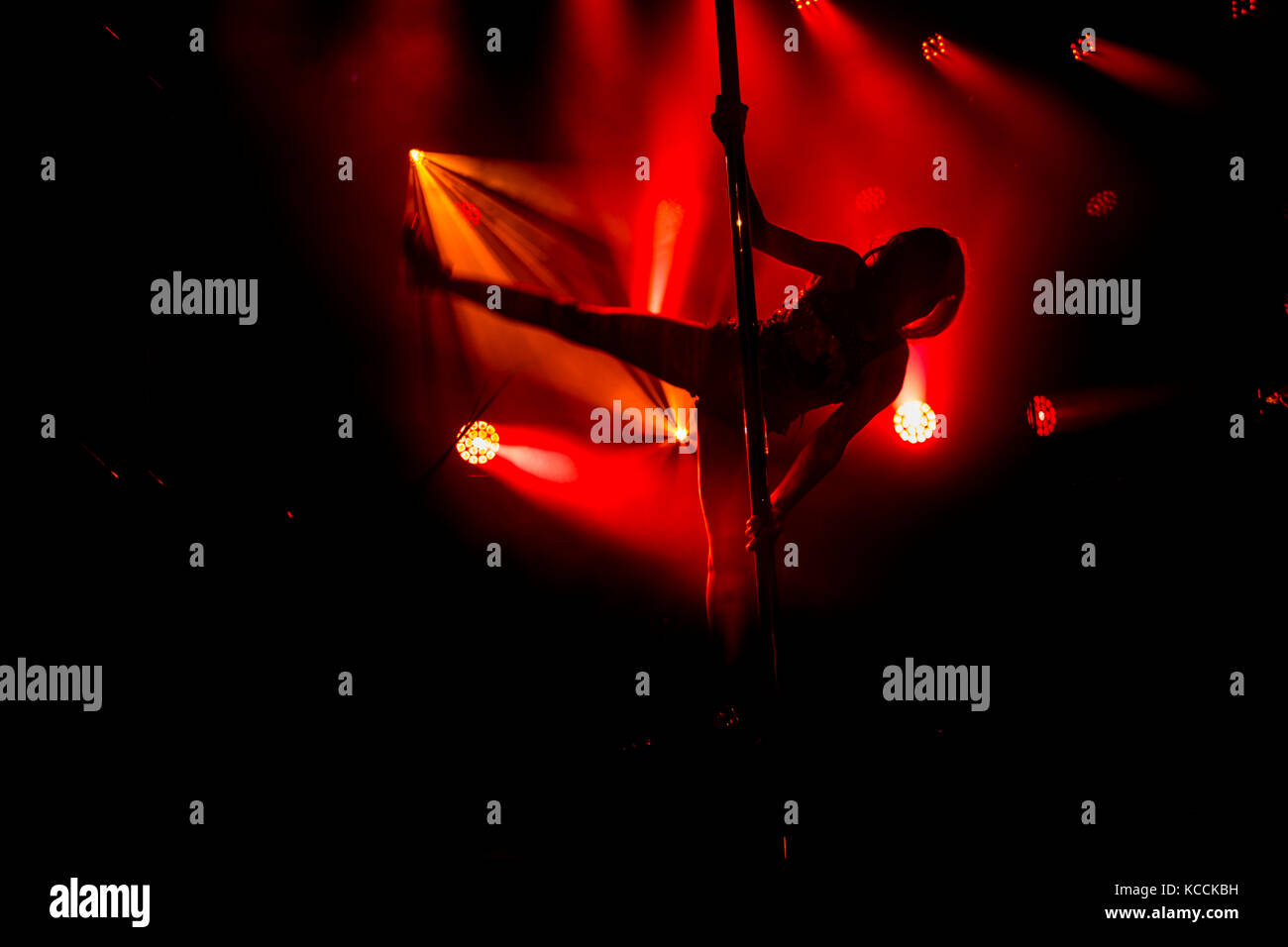 Image of girl preforming dance on a pole in a night club. night life ...