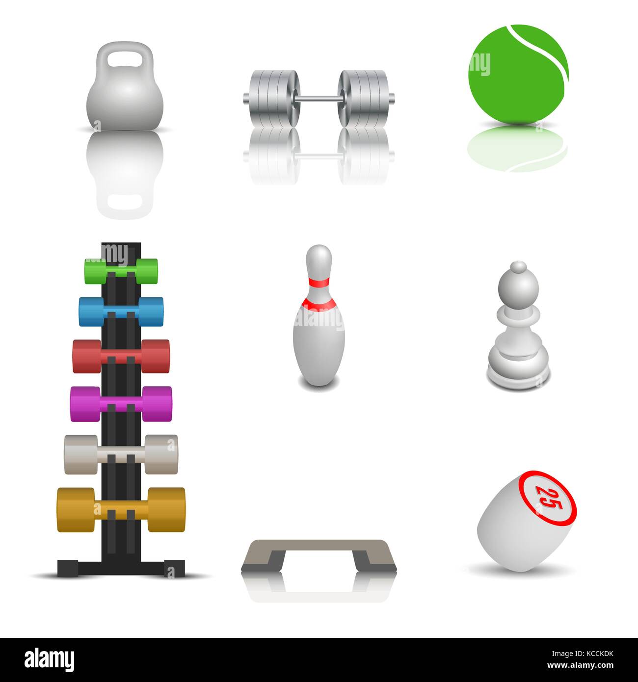 Realistic sports and game icons with shadow and mirror reflection ...