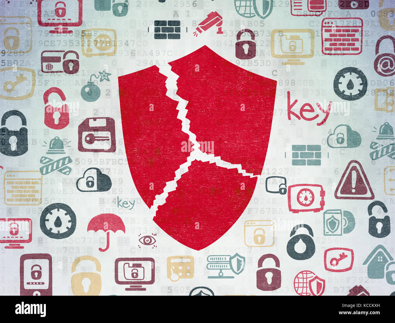 Safety concept: Broken Shield on Digital Data Paper background Stock ...