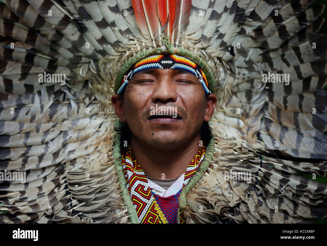 A member of the Kaxinawa tribe from Acre state in the Amazon perform a ...