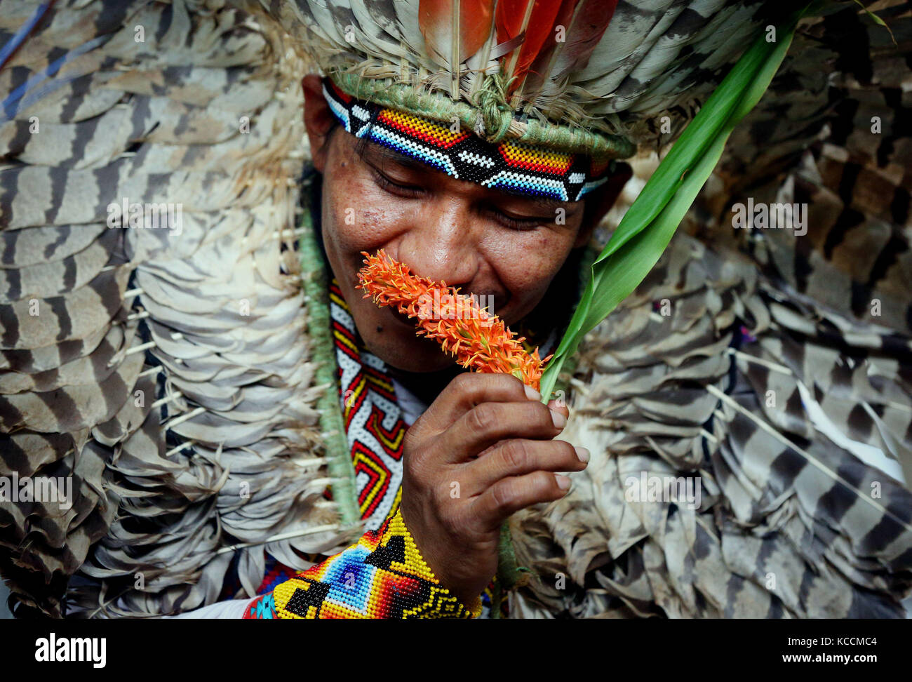 A member of the Kaxinawa tribe from Acre state in the Amazon perform a ...